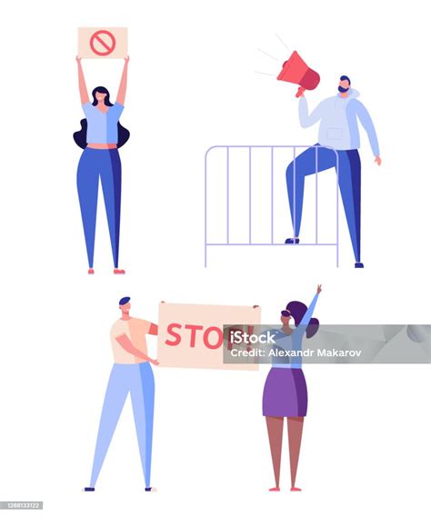 현수막을 들고 있는 남자와 여자가 울타리 근처에서 소리쳤다 시위 중지 거부 집회 행동 정치 혁명의 개념은 시위 표현 활동가 플랫 디자인의 벡터 일러스트레이션 여자에 대한