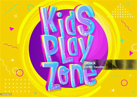 만화 스타일에서 키즈 플레이 존 벡터 배너입니다 어린이 놀이방 장식 밝고 화려한 그림 아이 들 게임 룸에 대 한 재미 있는 간판 유치 한 형상 패턴 노란색 배경입니다 가정의