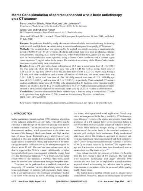 Pdf Monte Carlo Simulation Of Contrast Enhanced Whole Brain Radiotherapy On A Ct Scanner
