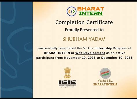Shubham Yadav On Linkedin I Have Received This Certificate From Bharat Intern And I Would Like To