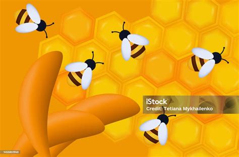 꿀벌 3d와 왁스 벌집 꿀을 모으는 과정 곤충이 함께 작동합니다 노란색 육각형 왁스 패턴 달콤하고 끈적 끈적한 꿀 꿀벌 농장 또는 양봉장 현대 오렌지 배너입니다 벡터