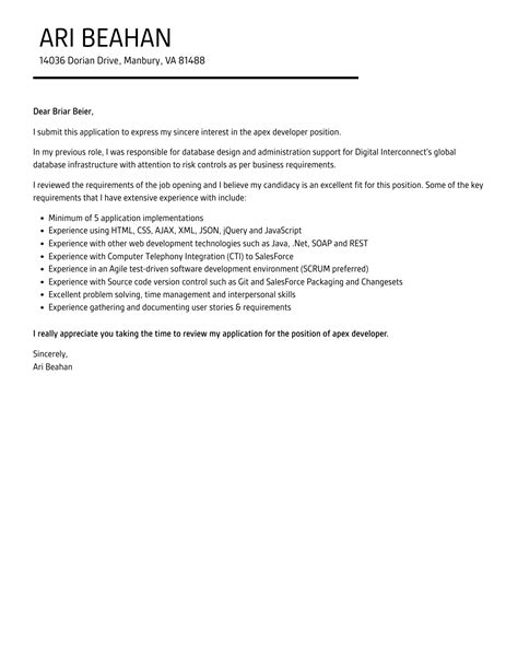 Apex Developer Cover Letter Velvet Jobs