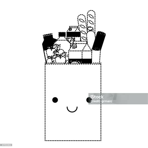 식품 소시지와 빵 사과 음료 오렌지 주스와 물 병 및 검은 점선된 실루엣에서 우유 판지 귀여운 직사각형 종이 가방 가방에 대한 스톡 벡터 아트 및 기타 이미지 Istock