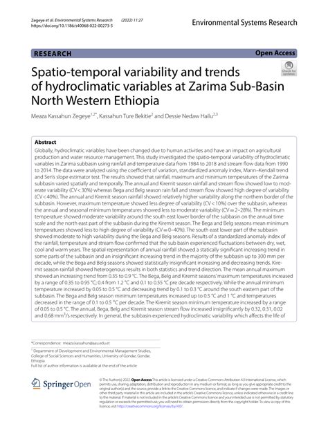 Pdf Spatio Temporal Variability And Trends Of Hydroclimatic Variables At Zarima Sub Basin