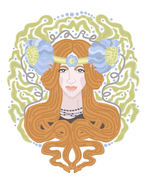 Redhead Woman In Flowers Art Nouveau Isolated Illustration Stock