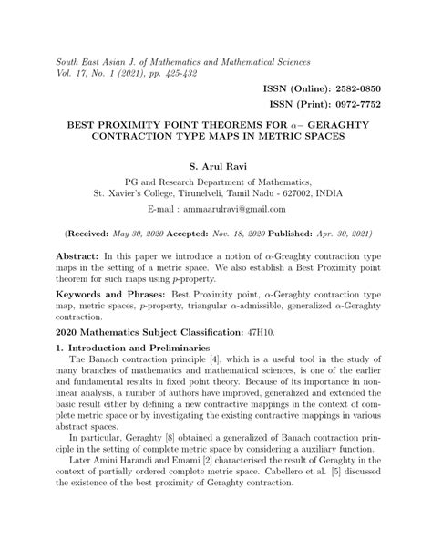 Pdf Best Proximity Point Theorems For α− Geraghty Contraction Type Maps In Metric Spaces