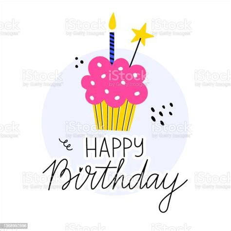 촛불과 글자와 함께 손으로 그린 핑크 컵 케이크와 생일 맞이 카드 디자인 흰색 배경에 격리 된 플랫 스타일 벡터 그림입니다