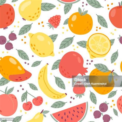 과일 완벽 한 패턴입니다 반복되는 여름 과일과 열매 배경 레몬 사과 복숭아 바나나 수박 딸기로 인쇄하십시오 벡터 텍스처 열대 과일에 대한 스톡 벡터 아트 및 기타 이미지