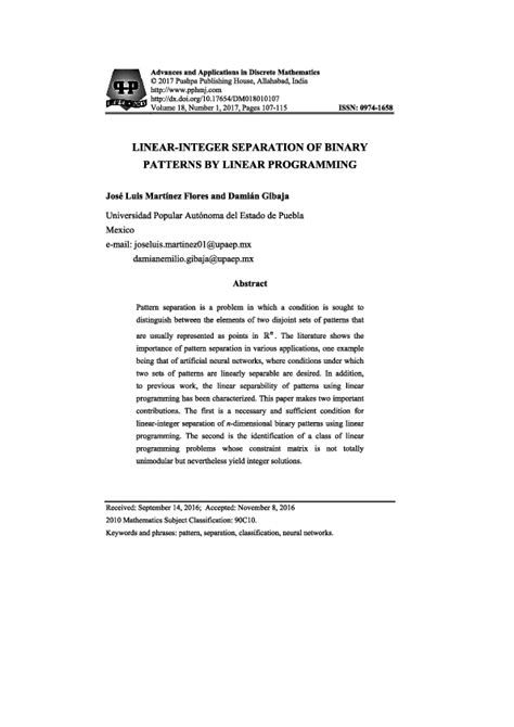 Pdf Linear Integer Separation Of Binary Patterns By Linear Programming