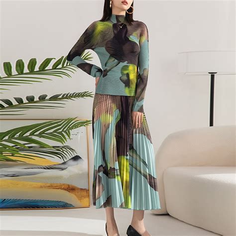 Miyake 프린트 패션 정장 긴 소매 옥수수 주름 올 매치 보터밍 셔츠 하이 웨이스트 처진 스커트 여성용 신제품 봄 Aliexpress