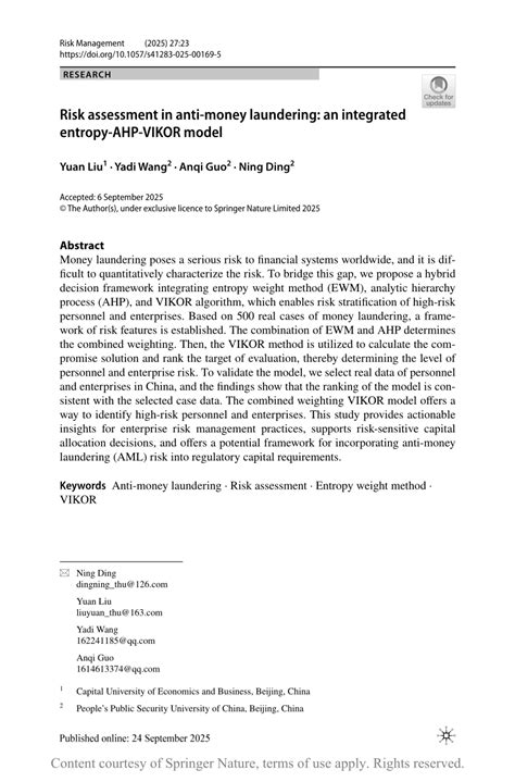 Risk Assessment In Anti Money Laundering An Integrated Entropy Ahp Vikor Model