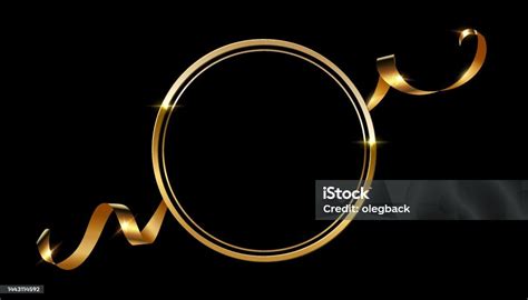 황금 실크 리본 벡터 삽화가 있는 골드 라운드 프레임 기념 시상식을 위한 현실적인 3d 원형 빈티지 럭셔리 배너 검은색 배경에