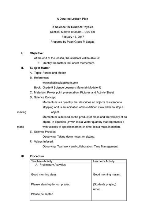 Affecting Momentum Grade 9 A Detailed Lesson Plan In Science For