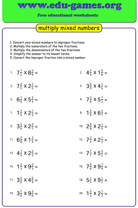 Multiply Mixed Numbers Worksheets