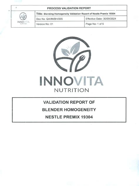 Blending Homogenity Validation Report Of Nestle Premix 19304 Pdf