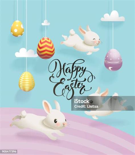 문자열에 매달려 화려한 장식 계란 구름 귀여운 하얀 토끼와 행복 한 부활절 손이 쓴된 비문 파티 초대장 포스터 휴일 배너 인사말 카드에 대 한 벡터 일러스트 귀여운에 대한