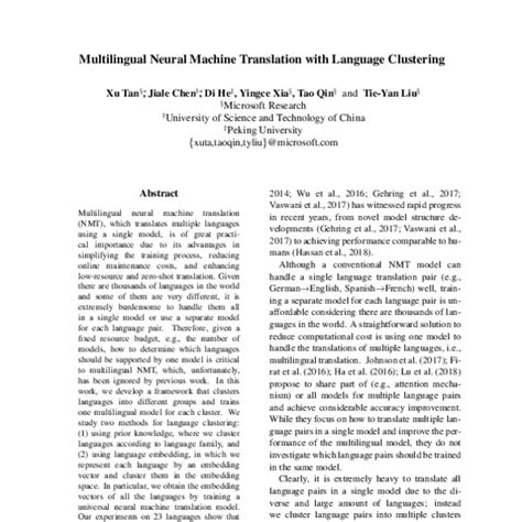 Multilingual Neural Machine Translation With Language Clustering Acl Anthology