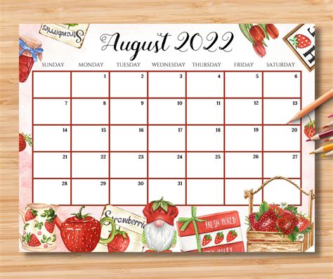 Editable August 2022 Calendar Beautiful Colorful Summer With Cute