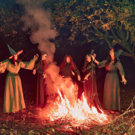 A Coven Of Witches Dancing Around A Bonfire In The Middle Of The Woods