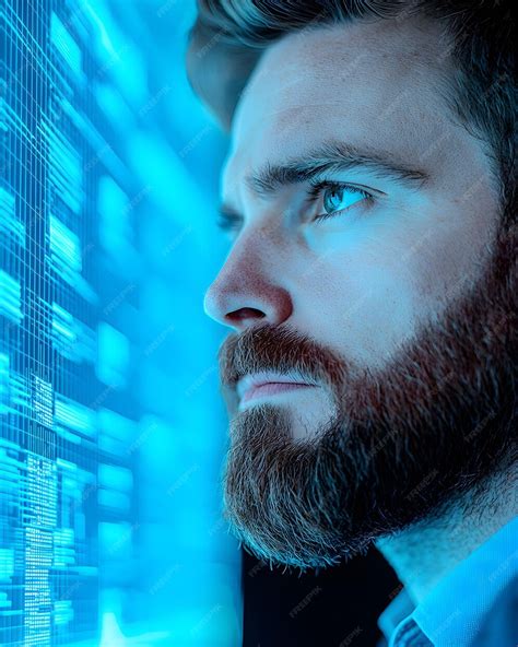 Focused Man Analyzing Digital Data On A Screen Premium Ai Generated Image