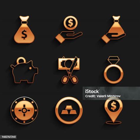 가위 절단 돈 금괴 현금 위치 다이아몬드 약혼 반지 금고 돼지 저금통 돈 손 및 가방 아이콘을 설정합니다 벡터 가방에 대한 스톡