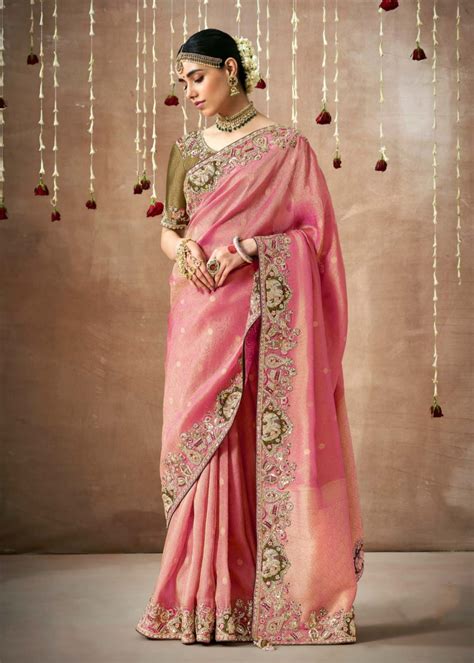 Shop Banarasi Tissue Silk Hand Embroidery Work Pink Saree Online Sunasa