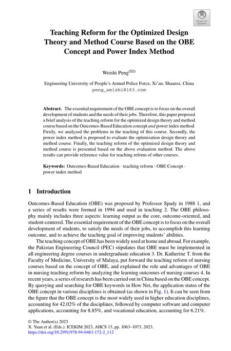Pdf Teaching Reform For The Optimized Design Theory And Method Course Based On The Obe Concept