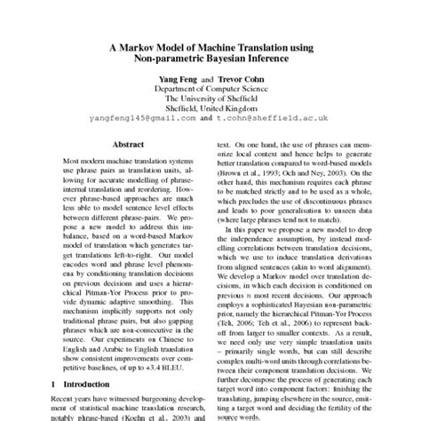 A Markov Model Of Machine Translation Using Non Parametric Bayesian