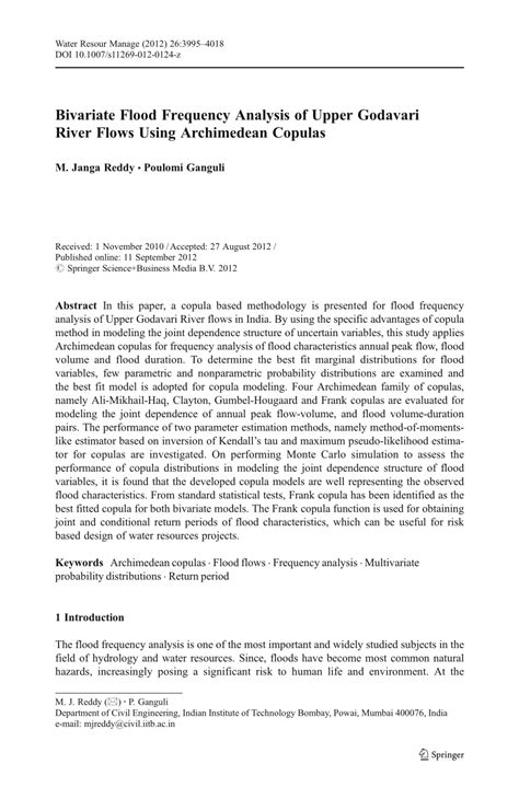 Pdf Bivariate Flood Frequency Analysis Of Upper Godavari River Flows