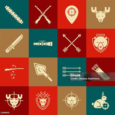 십자선 화살통 화살 곰 머리 방패 장소 스나이퍼 광학 시력 헌터 나이프 사냥 카트리지 벨트 카트리지 및 교차 아이콘으로 토끼에 사냥을 설정합니다 벡터 0명에 대한 스톡 벡터