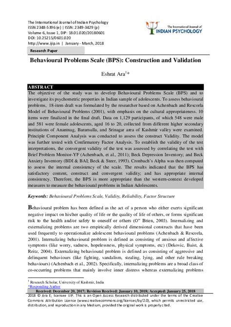 pdf behavioural problems scale bps construction and validation