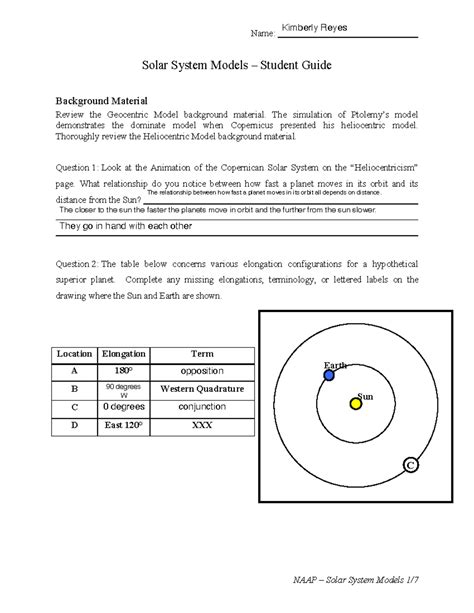 1 Solar System Lab Fillable Name C Sun Earth Solar System Models
