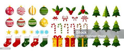 크리스마스 장식 그래픽 요소 컬렉션 크리스마스 장식품 일러스트 세트 크리스마스 트리 선물 상자 스타킹 및 홀리 축제 클립 아트 인사말 카드 및 배너 축 하 벡터 주식에 대한
