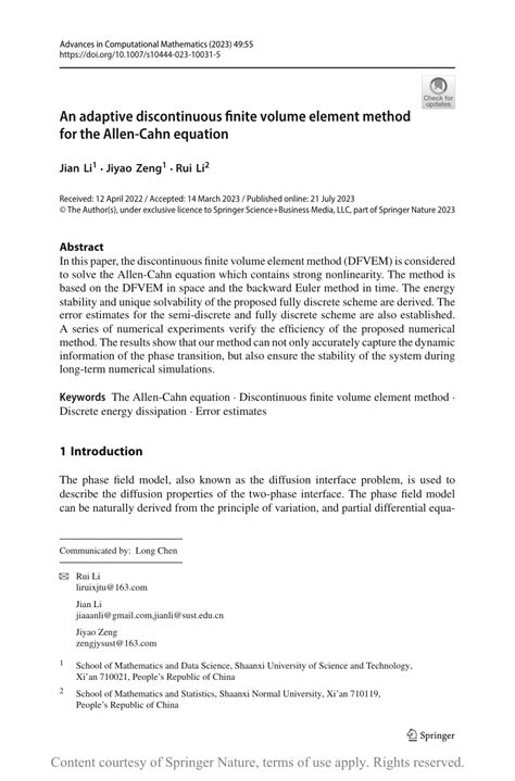 An Adaptive Discontinuous Finite Volume Element Method For The Allen Cahn Equation Request Pdf