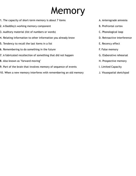 Memory Recall Worksheets