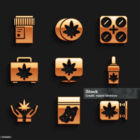 설정 위치 및 대마초 비닐 봉지 마리화나 가게 올리브 오일 잎 쇼핑 상자 마리화나 의료 알약 및 병 아이콘 벡터 가방에 대한