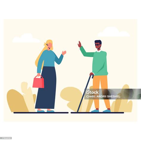 막대기와 검은 안경을 쓴 미국 시각 장애인 청년이 밖에서 걸어 나와 여자와 이야기하고 있다 개성 개념에 대한 스톡 벡터 아트 및 기타 이미지 개성 개념 건강관리와 의술