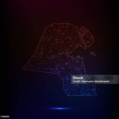 쿠웨이트지도 개요 별과 선 멀티 색상 추상 프레임 워크 어두운 배경에 미래 지향적인 낮은 다각형 와이어 프레임 선 및 점 디자인