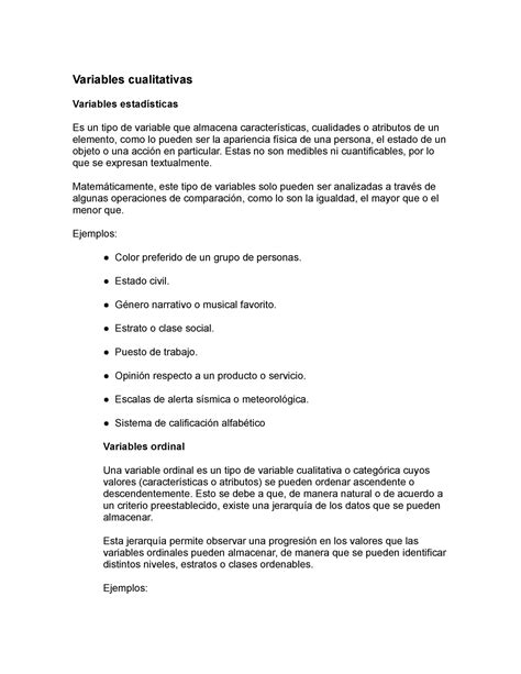 ACT E D trabajo sobre variables Variables cualitativas Variables estadísticas Es un tipo