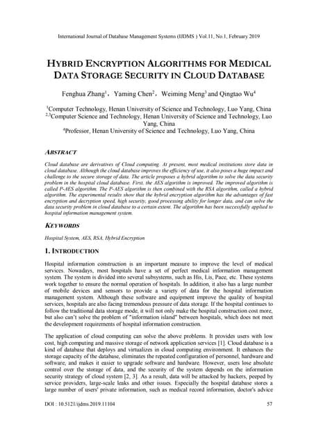 hybrid encryption algorithms for medical data storage security in cloud database pdf