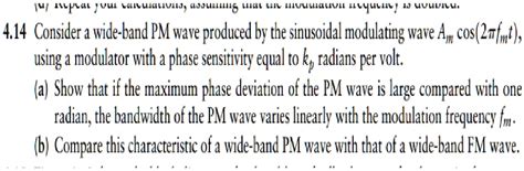 solved 4 14 consider a wide band pm wave produced by the sinusoidal modulating wave am cos 2Ï