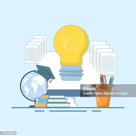 온라인 교육 개념 컴퓨터 책 문구류 세계지도 디지털 마케팅을 통한 전구 아이디어 고립된 배경에 그림 가리기에 대한 스톡 벡터 아트 및 기타 이미지 Istock