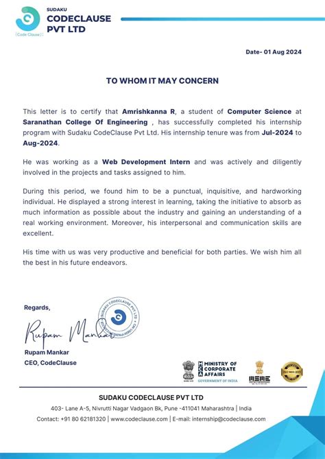 Amrishkanna R On Linkedin Recommendation Internship Webdevelopment Grateful Codeclause
