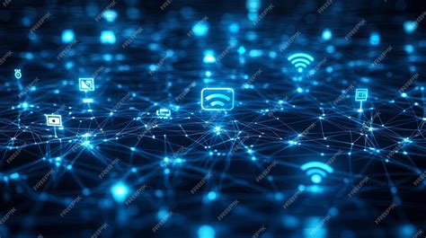 Abstract Network With Blue Glowing Points And Connected Lines With Wifi Symbols Premium Ai