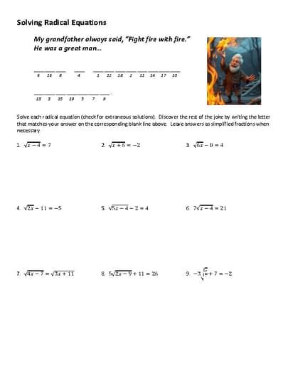 Solving Radical Equations Joke Worksheet 6 Factoring Required With Answer Key