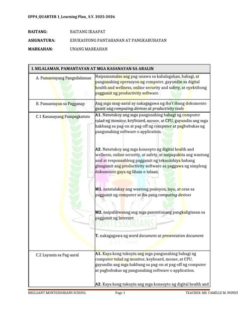 Epp4 Learning Plan Quarter1 Pdf