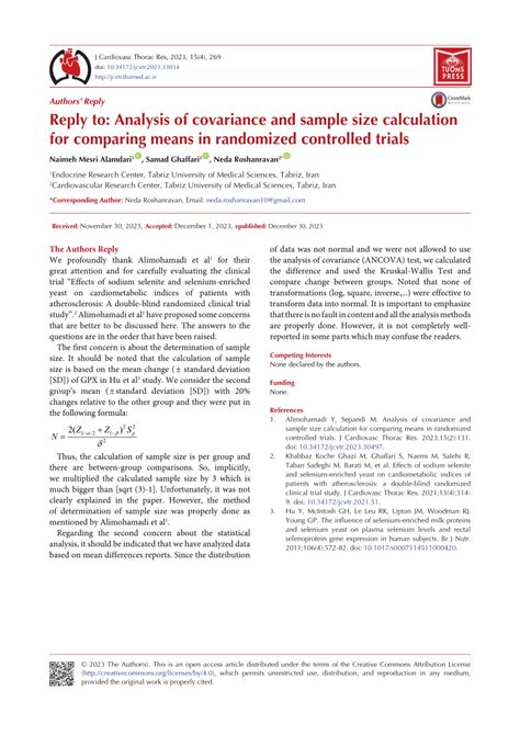 Pdf Reply To Analysis Of Covariance And Sample Size Calculation For Comparing Means In