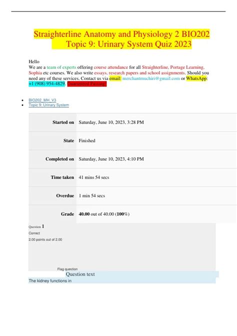 Straighterline Anatomy And Physiology 2 Bio202 Topic 9 Urinary System Quiz 2023 Bio202