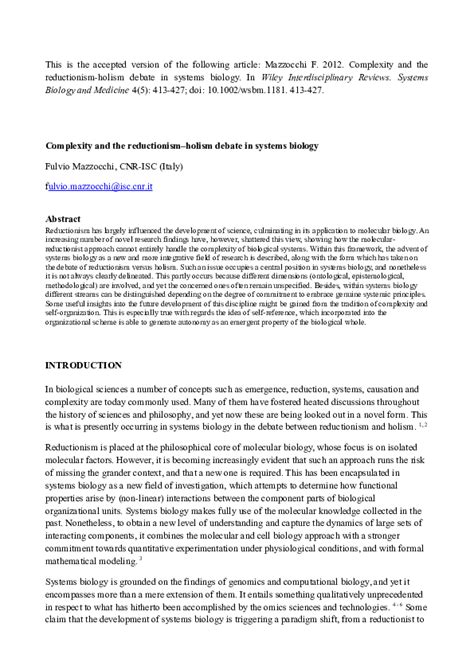 Doc Complexity And The Reductionism Holism Debate In Systems Biology