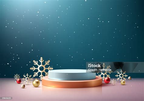 3d 2 층 연단 황금 눈송이 빨강과 금색 장식품 와 눈 덮인 파란색 배경 와 축제 크리스마스 장면 3차원 형태에 대한 스톡 벡터 아트 및 기타 이미지 Istock